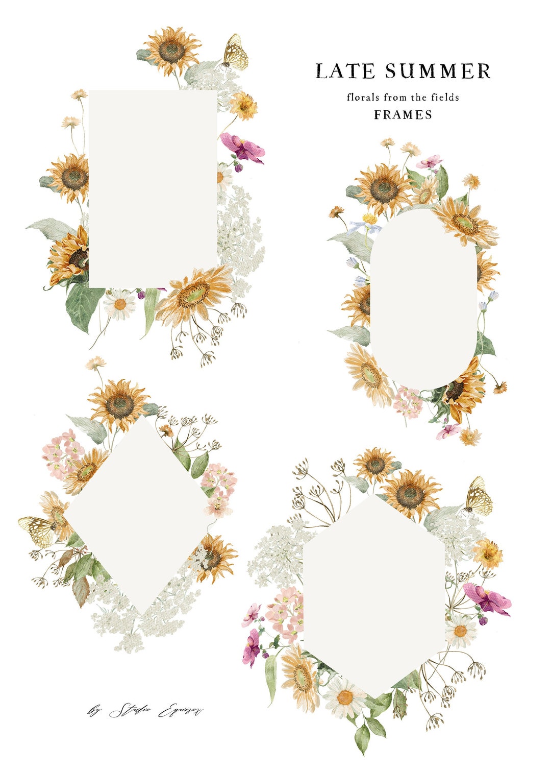 Watercolor Floral Frames Clipart, Sunflower Frame, Botanical Watercolor ...