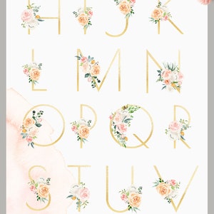 Fleur Sunrise Alphabet, Watercolor Floral Alphabet, Gold Letters, Gold ...