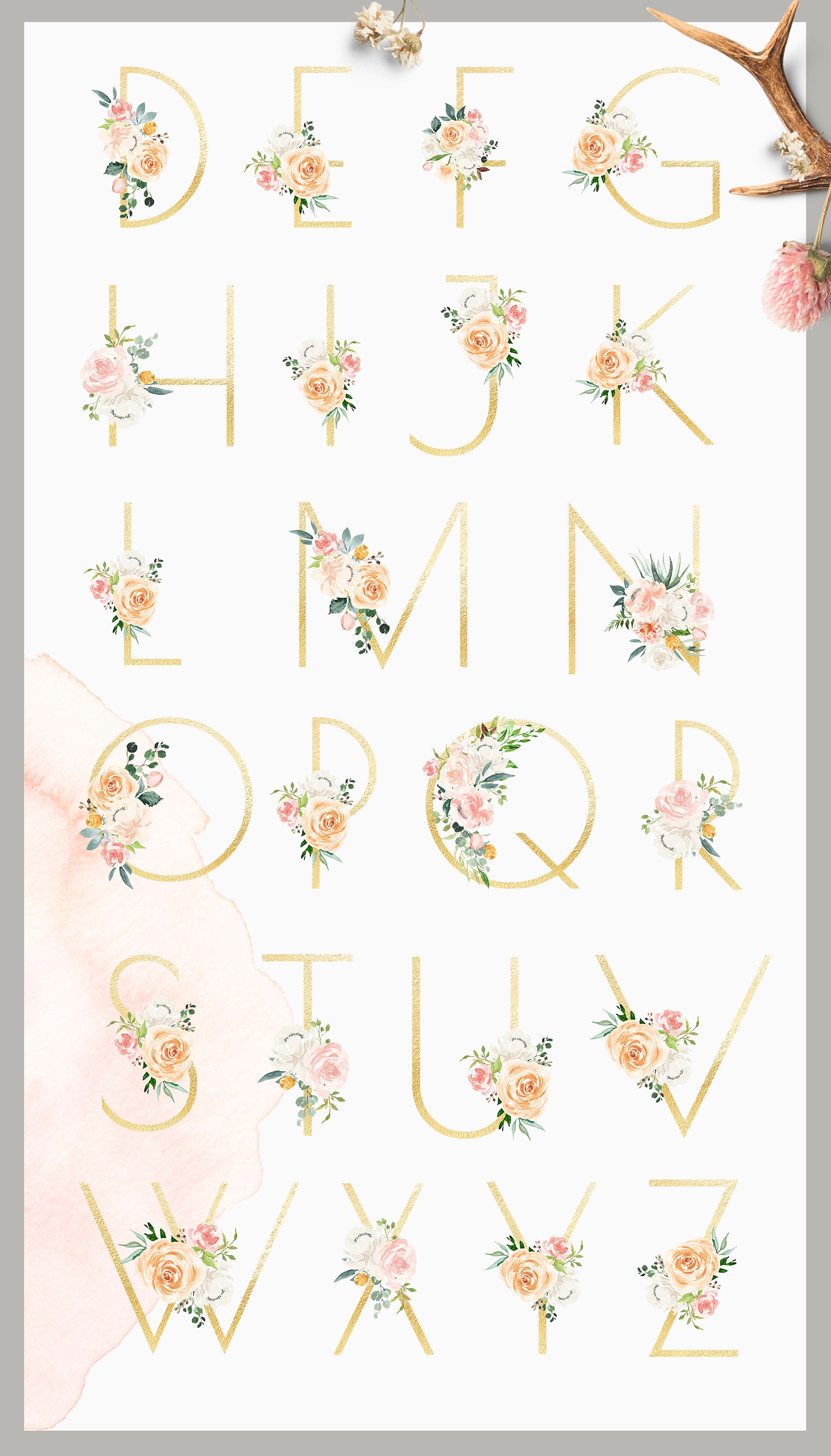 Fleur Sunrise Alphabet Watercolor Floral Alphabet Gold - Etsy