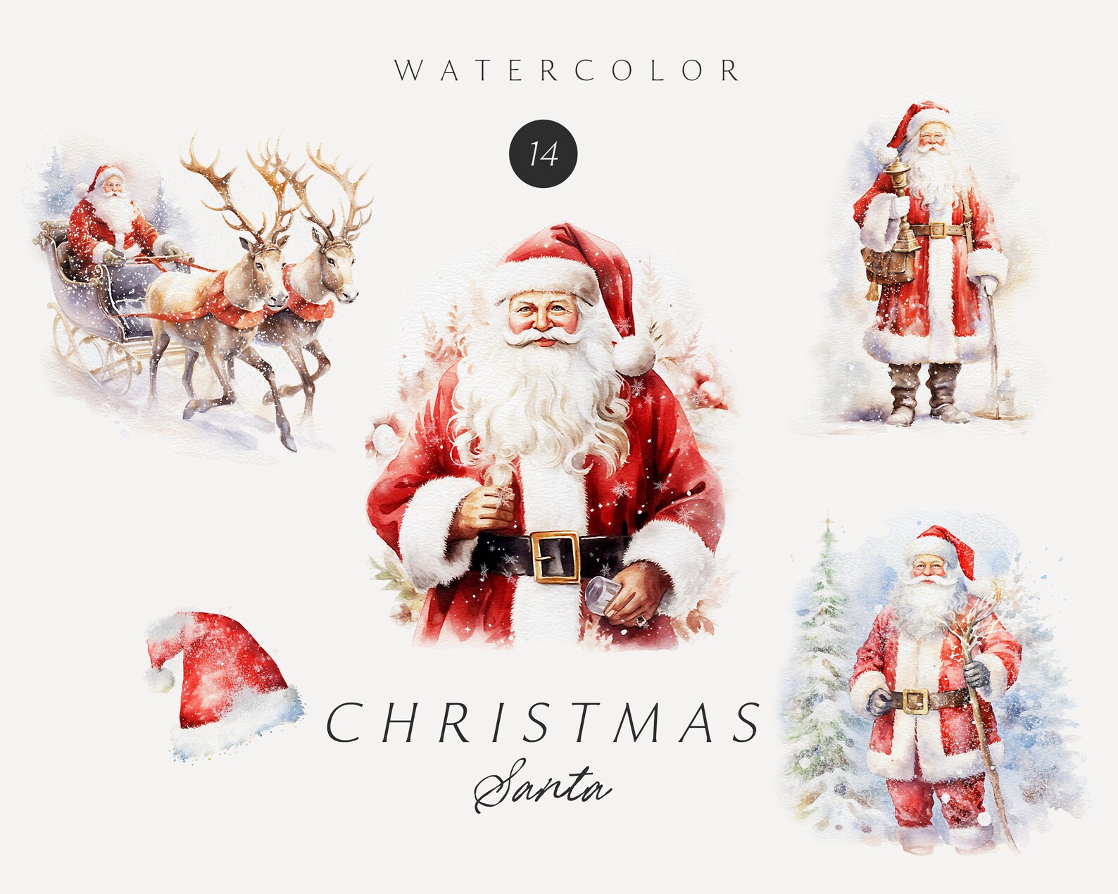 Watercolor Santa Clipart, Reindeer, Christmas Card Design (digital ...