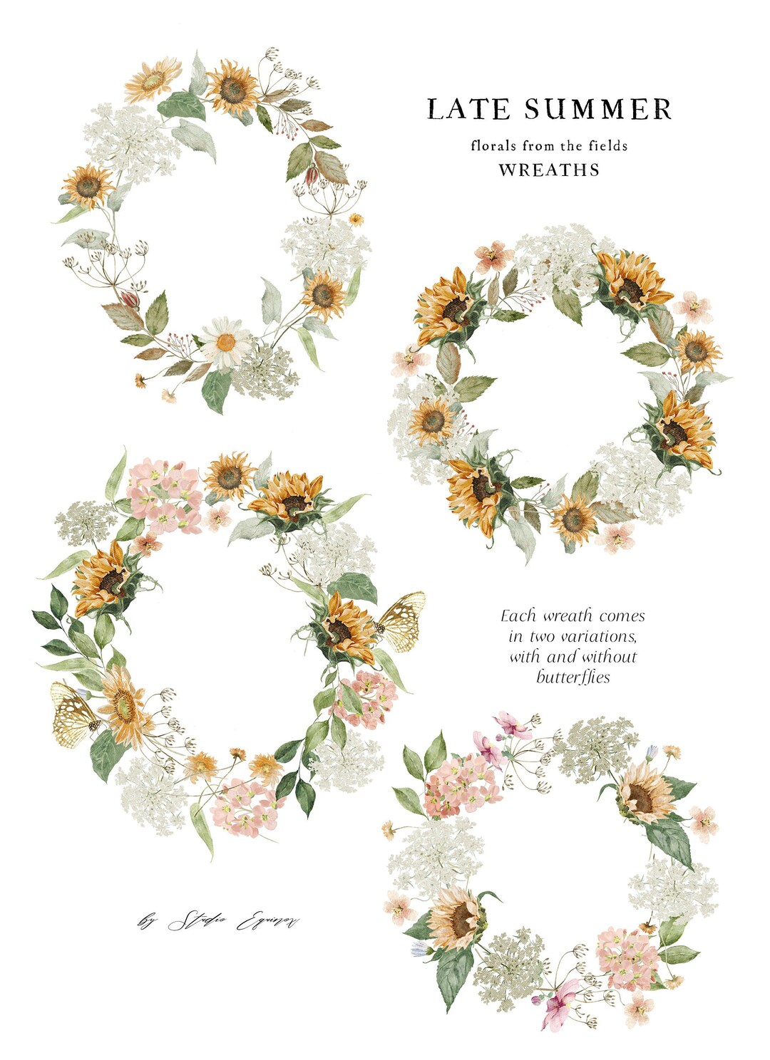 Watercolor Floral Wreaths, Sunflower Wreaths Clipart, Botanical ...