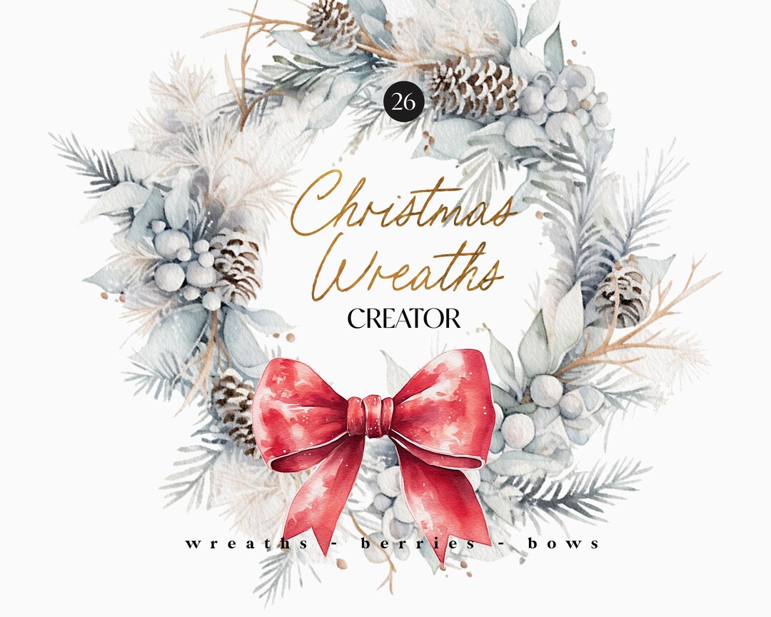 Watercolor Christmas Wreaths Clipart, Gold Bows, Winter Berries (PNG ...