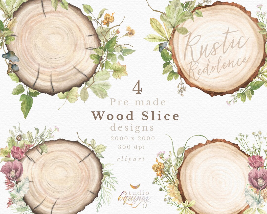 Wood Slices Watercolor Clipart, Premade Wood Slice Designs, Rustic Wood ...