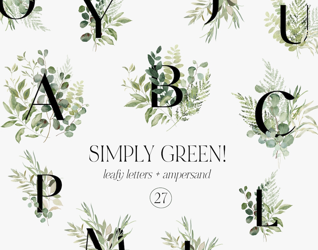 Watercolor Greenery Alphabet and Ampersand, Foliage Embellished Letters ...