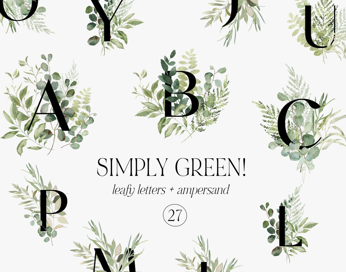 Watercolor Greenery Alphabet and Ampersand Foliage - Etsy