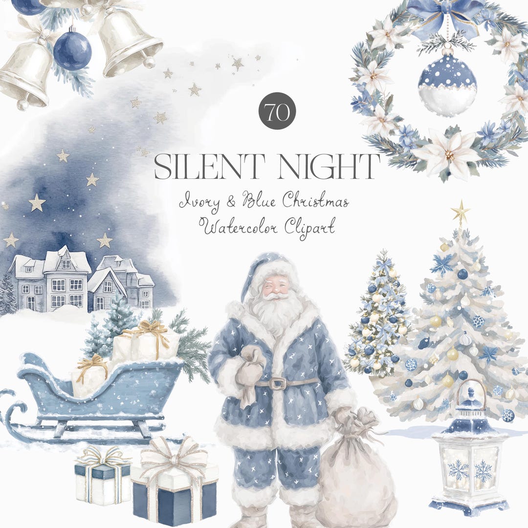 Watercolor Christmas Clipart Set, Blue, Ivory, and White (digital ...