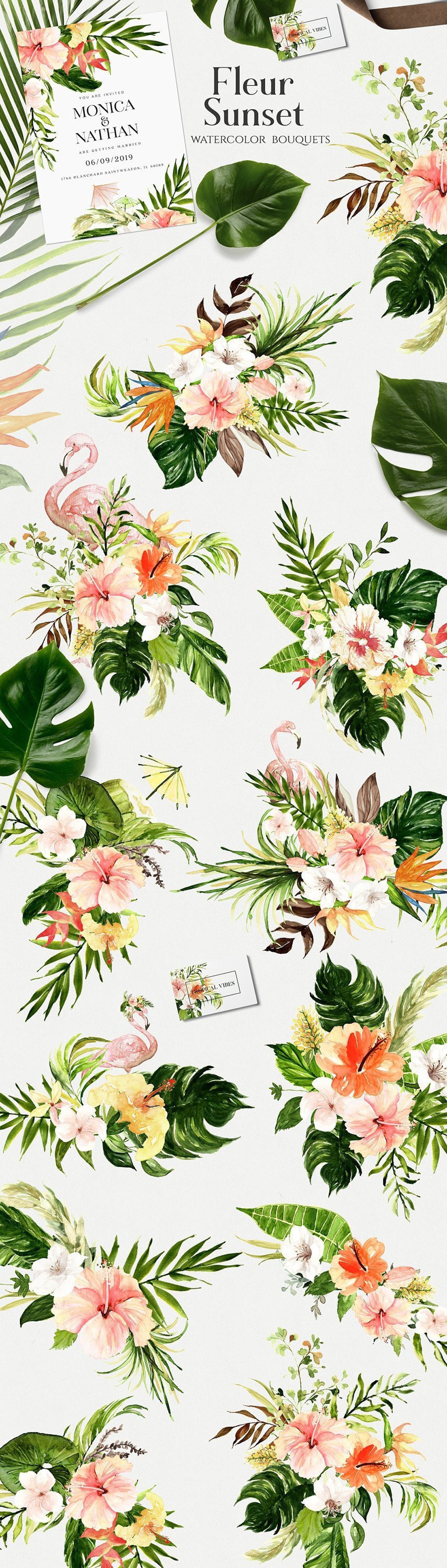 Fleur Sunset Watercolor Tropical Bouquets Clipart Flamingo - Etsy