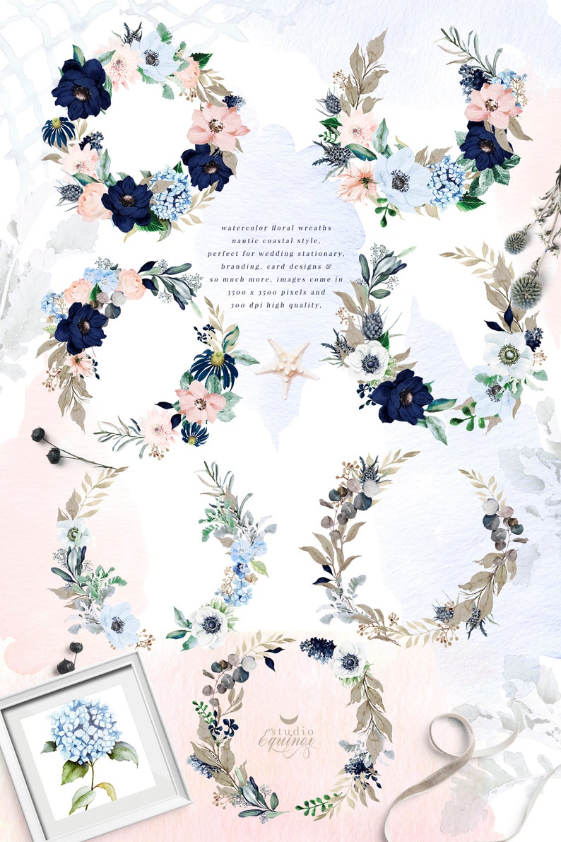 Marina Bloom Navy Blush Watercolor Floral Wreath Clipart - Etsy