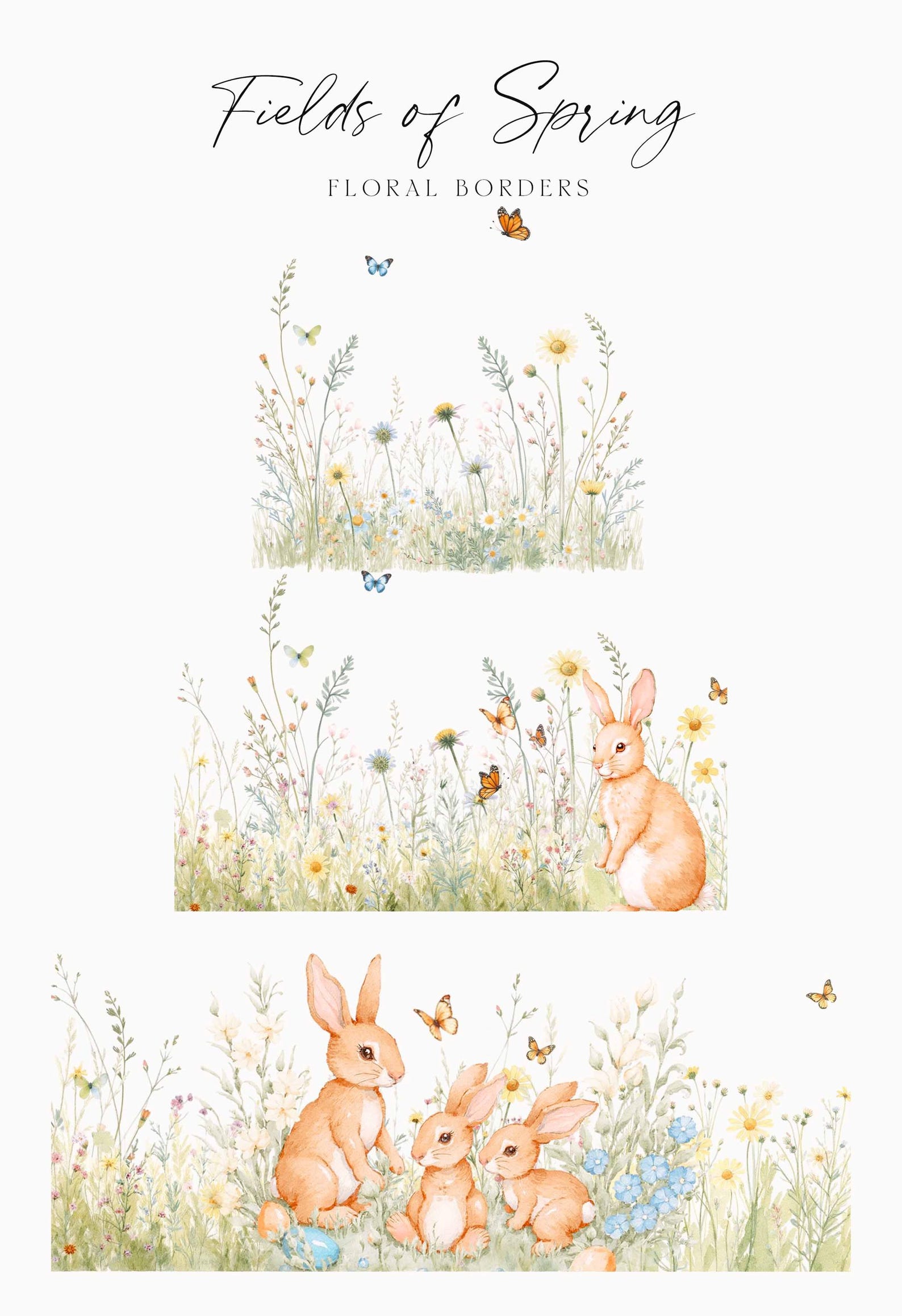 Watercolor Spring Floral Borders Clipart, Easter Bunnies (PNG) - Etsy