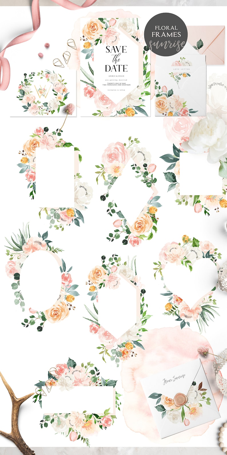 Blush Watercolor Floral Clipart, Peach Rose, Rustic Flowers (PNG) - Etsy