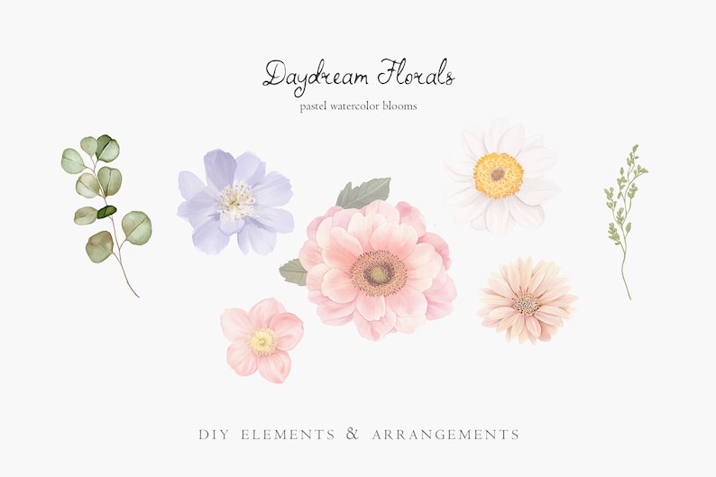 Watercolor Floral Clipart Set, Pastel Flower DIY Elements (PNG) - Etsy