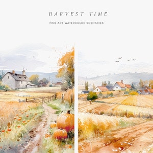 Watercolor Autumn Farm Clipart, Harvest Scenes (PNG Files) - Etsy