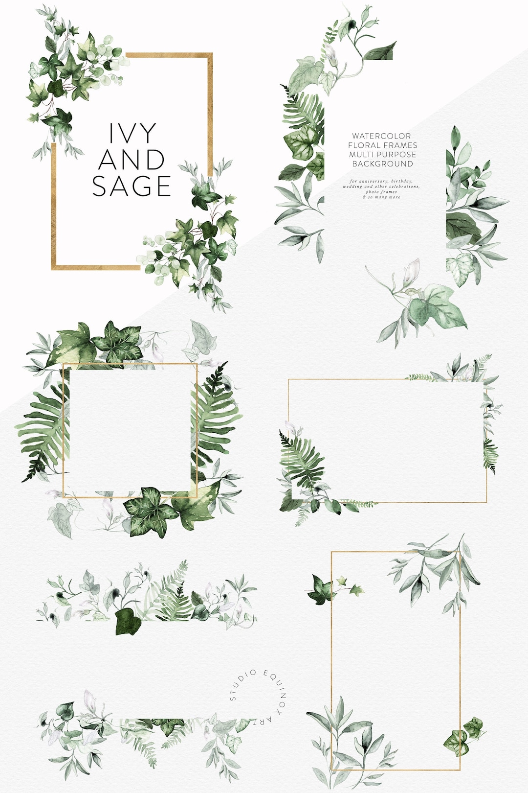 Ivy and Sage Greenery Photo Frames, Watercolor Greenery Frame Clipart ...