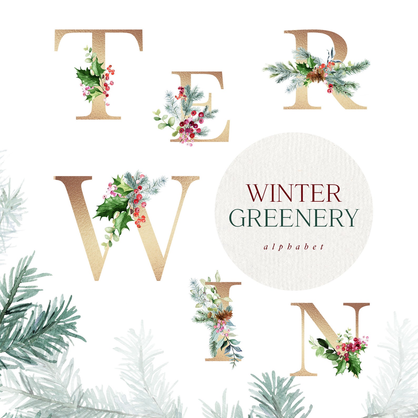 Winter Greenery Winter Alphabet Gold Alphabet Ampersand | Etsy