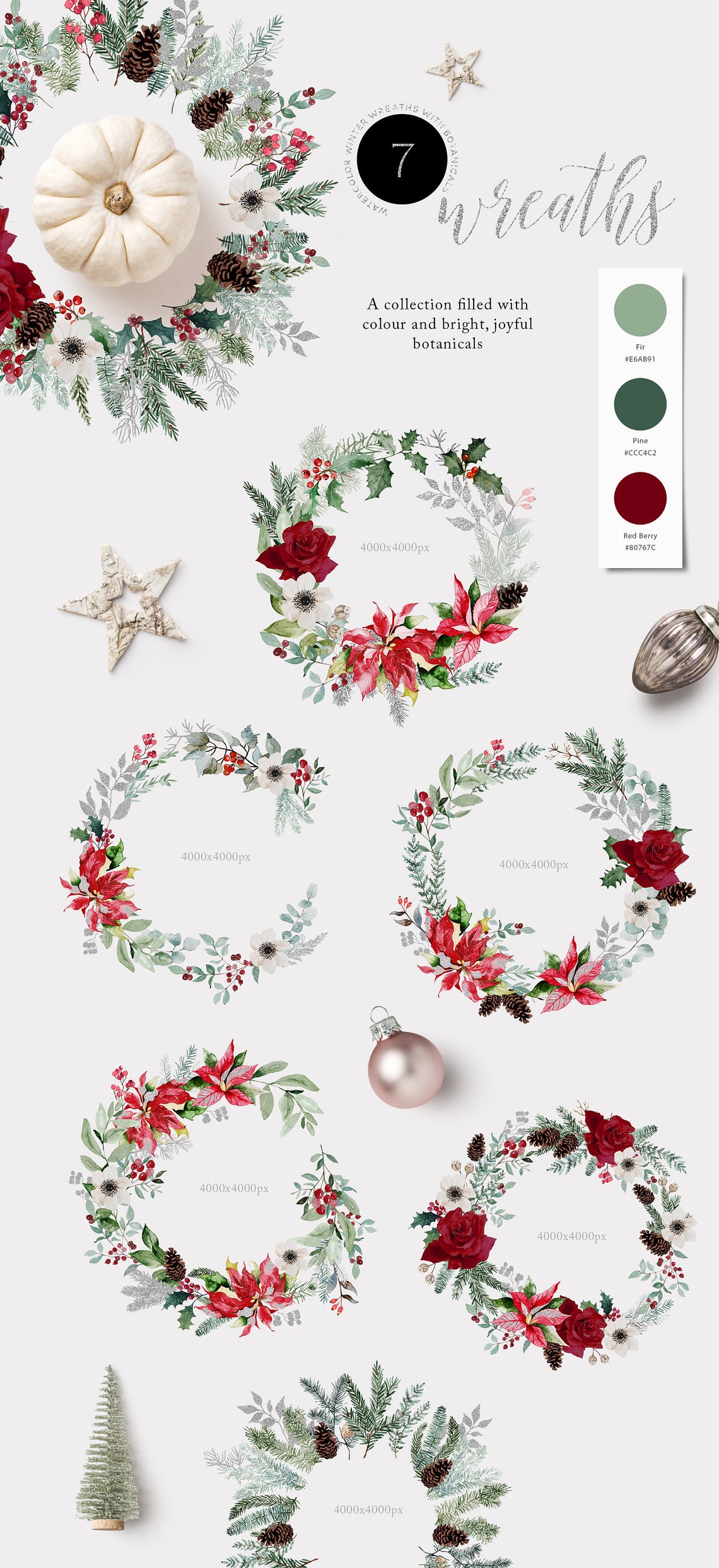 Watercolor Winter Wreaths Clipart Botanical Christmas | Etsy