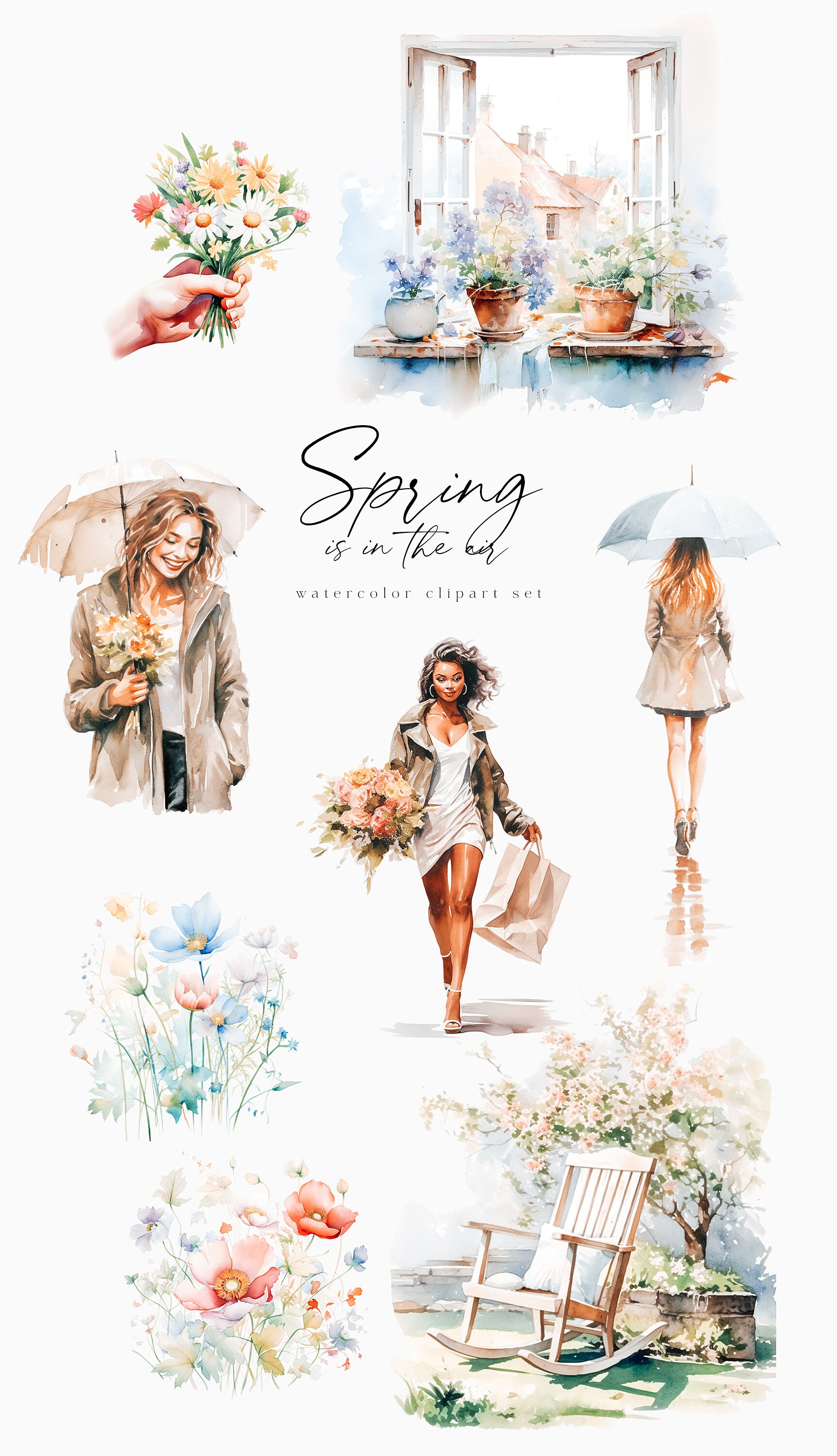 Watercolor Spring Clipart Collection, Floral Sceneries (PNG Files) - Etsy