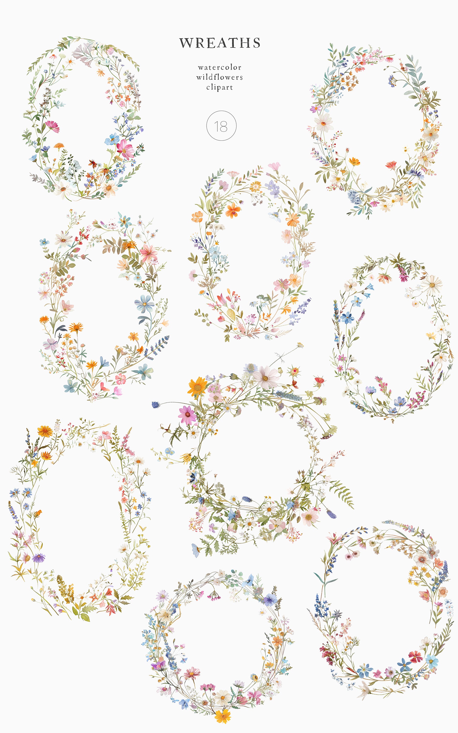 Watercolor Wildflower Wreaths Clipart, Floral Arrangements (digital ...