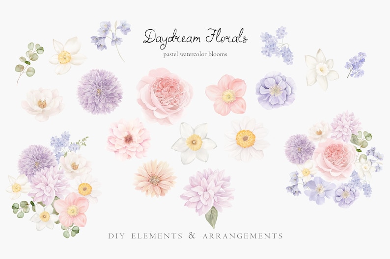 Watercolor Floral Clipart Set, Pastel Flower DIY Elements (PNG) - Etsy