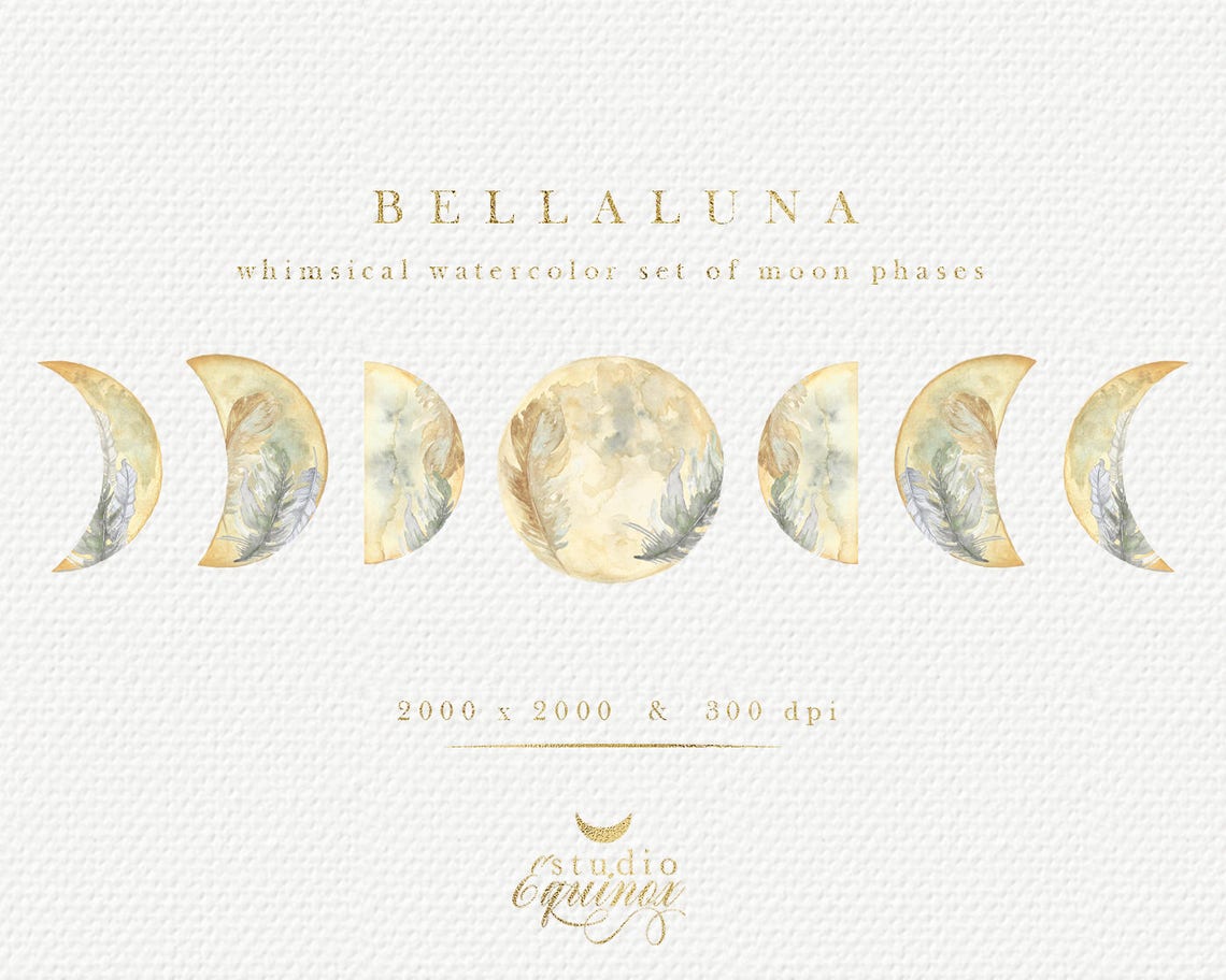 Watercolor Moon Phases Clipart With Feathers (PNG) - Etsy