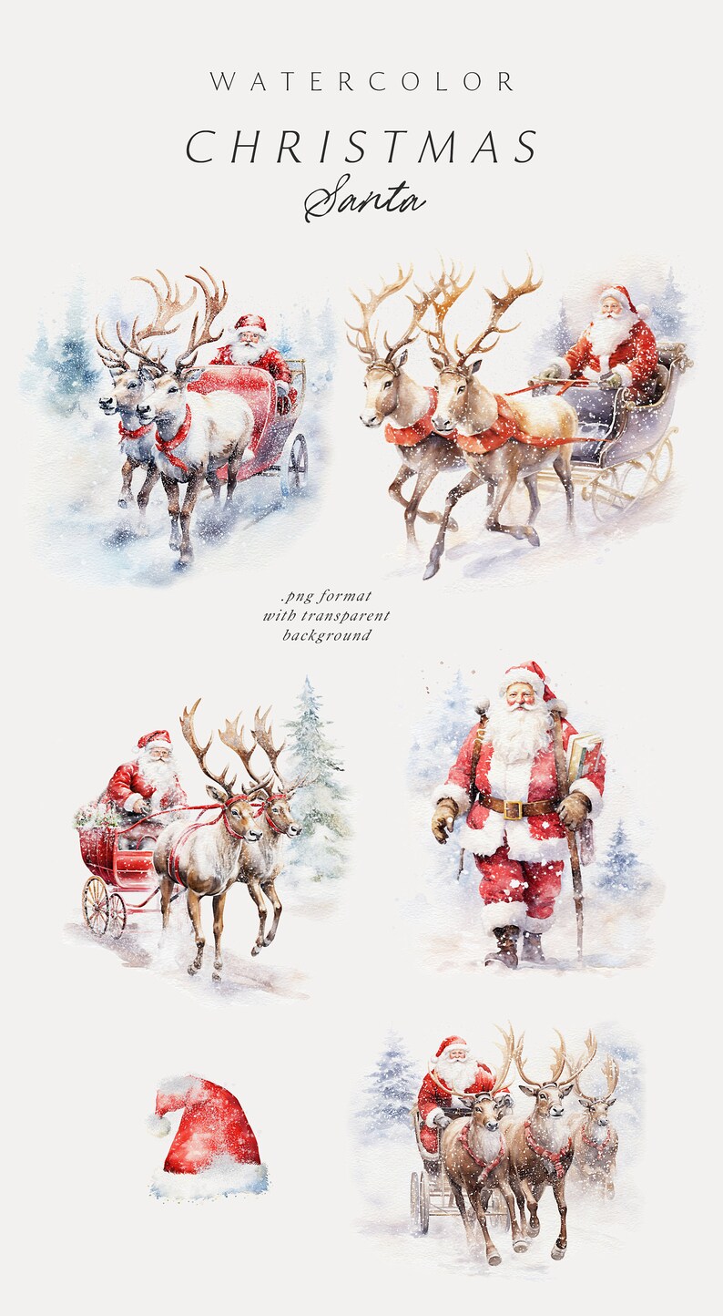 Watercolor Santa Clipart, Reindeer, Christmas Card Design (digital ...