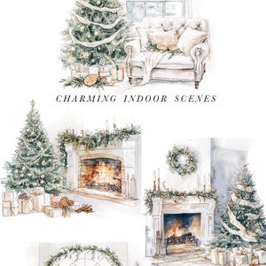 Christmas Watercolor Clipart, Winter Indoor Scenes (PNG, PDF) - Etsy
