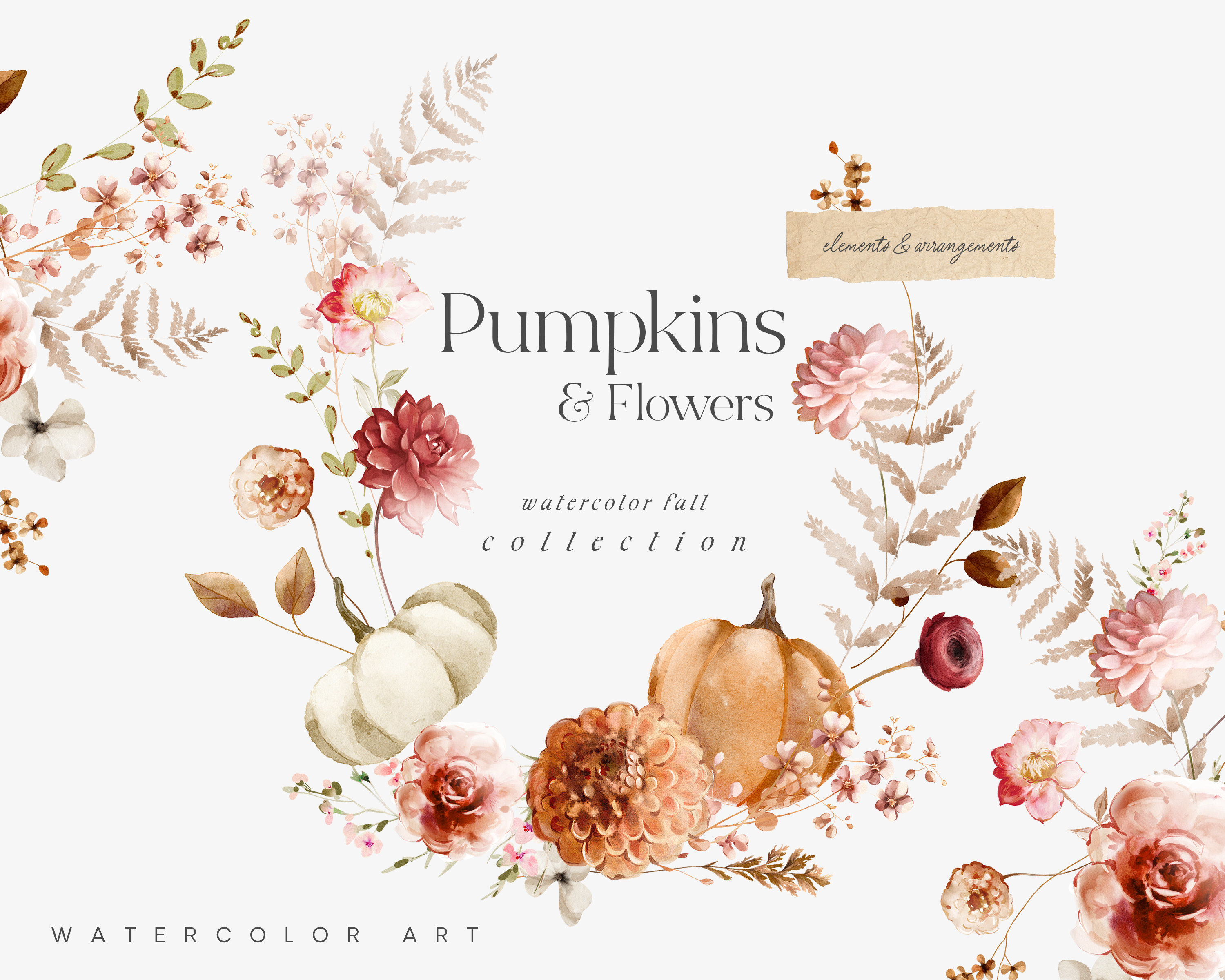 Watercolor Autumn Clipart – Pumpkin, Flowers, Leaves - Etsy