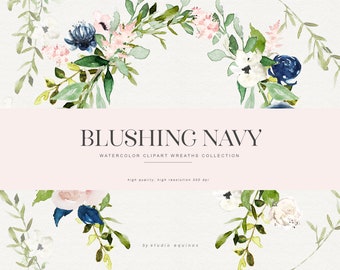 Blushing Navy Watercolor Clipart Set, Navy Blue Roses, Blush Roses ...