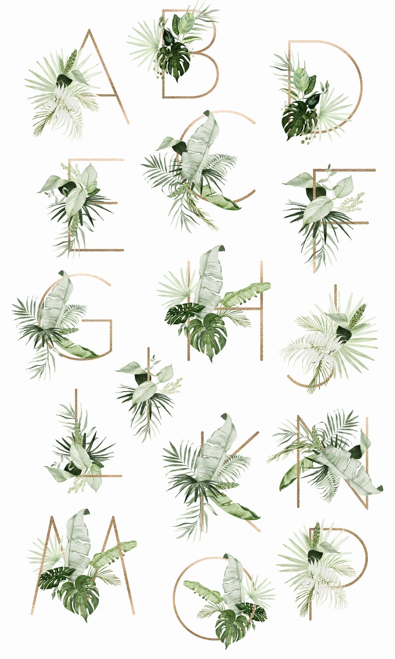 Watercolor Greenery Gold Alphabet, Tropical Letters (PNG Digital ...