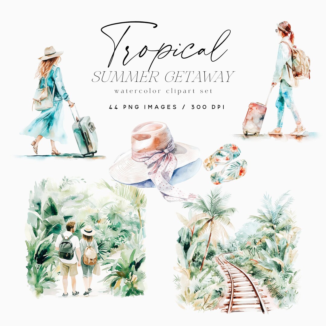 Watercolor Travel Clipart, Summer Getaway Clipart, Travel Essentials ...