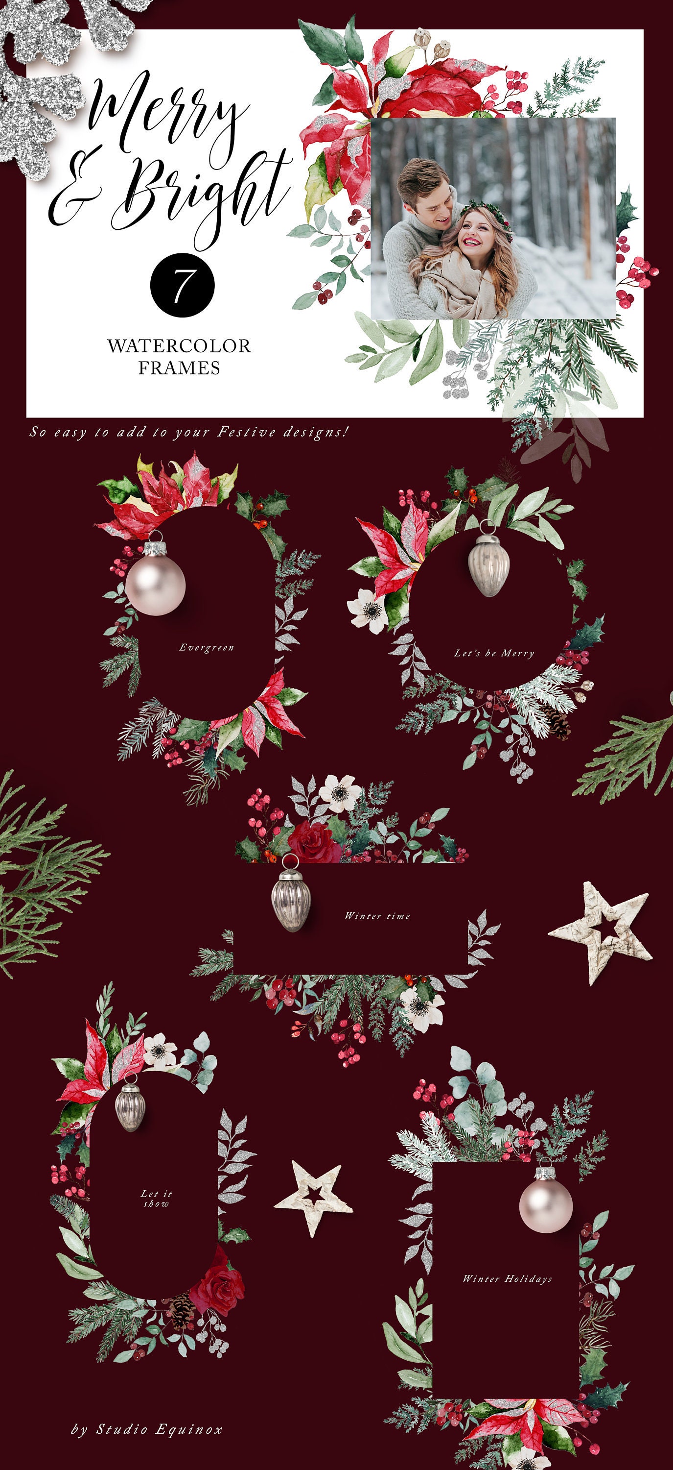 Watercolor Winter Frames Clipart Botanical Christmas Clipart - Etsy