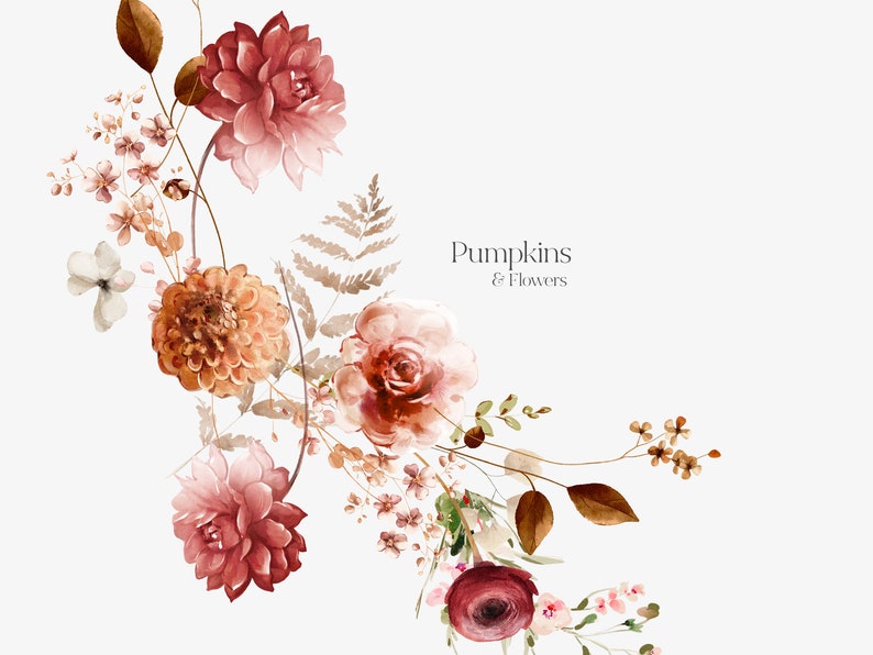 Watercolor Autumn Clipart – Pumpkin, Flowers, Leaves - Etsy
