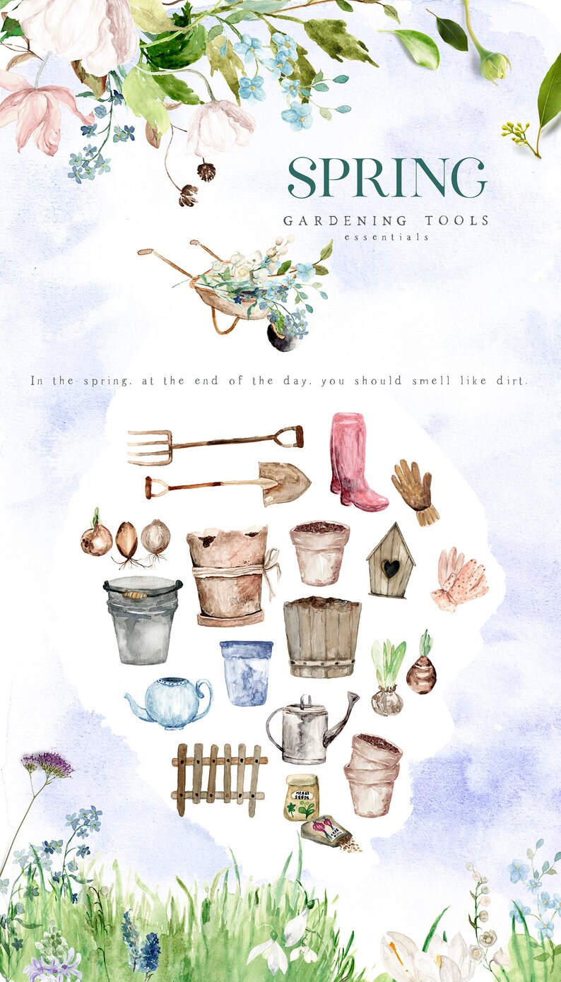 Watercolor Spring Gardening Clipart Set, Garden Tools, Flowers (digital ...