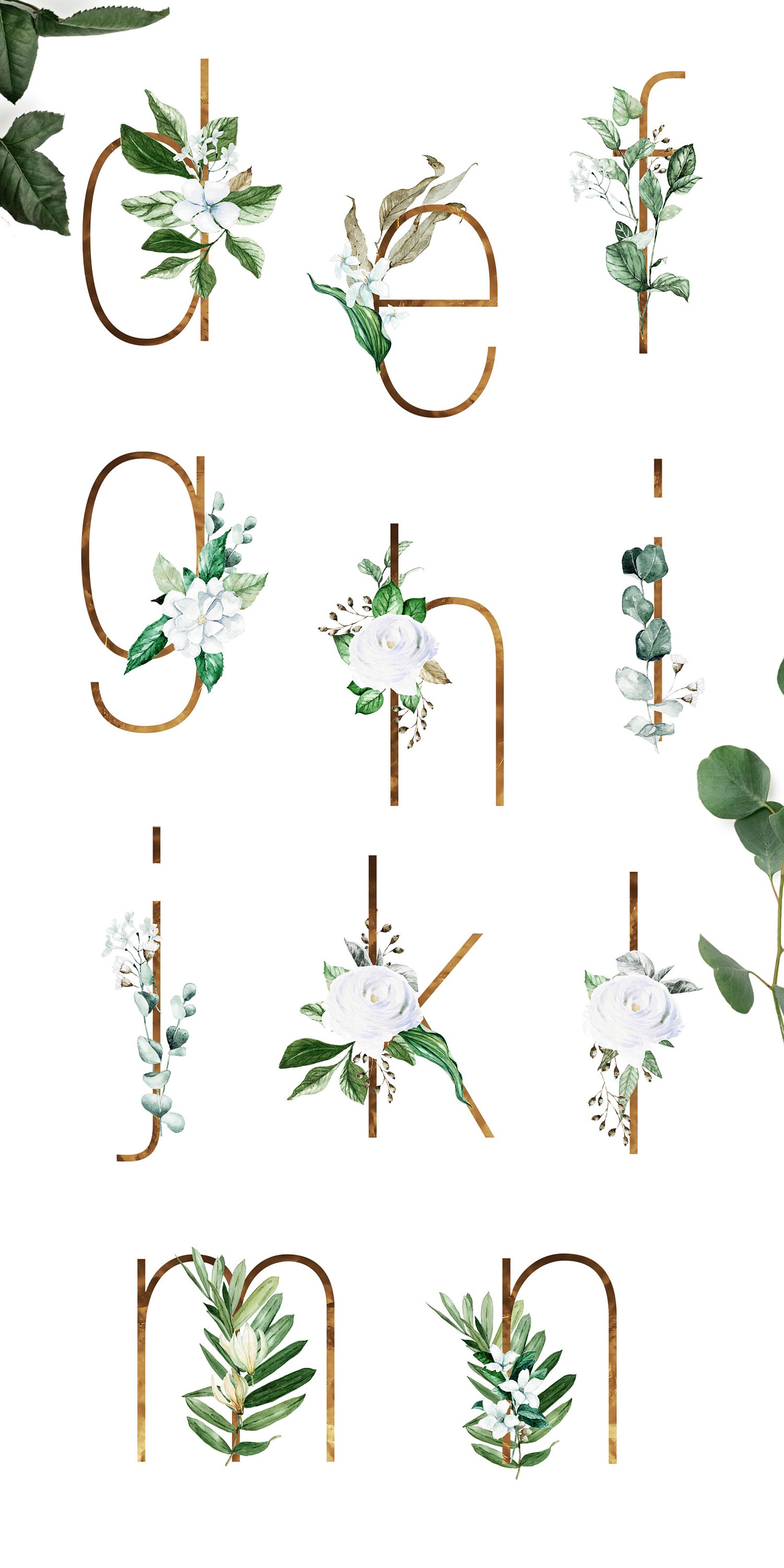 Watercolor Floral Alphabet, Gold Letters, Greenery Monogram (PNG) - Etsy
