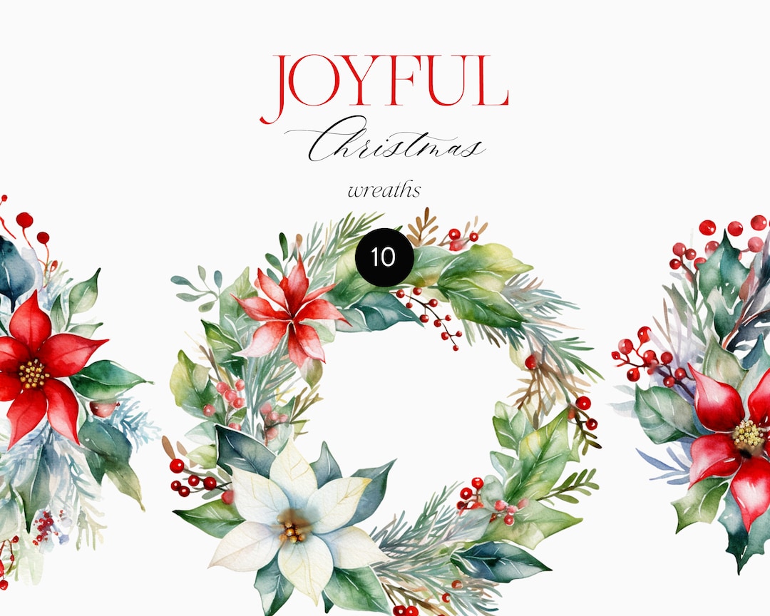 Watercolor Christmas Wreaths Clipart, Pine, Poinsettia (digital ...