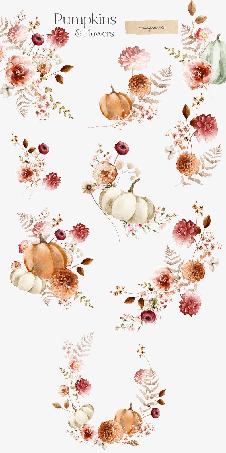 Watercolor Autumn Clipart – Pumpkin, Flowers, Leaves - Etsy