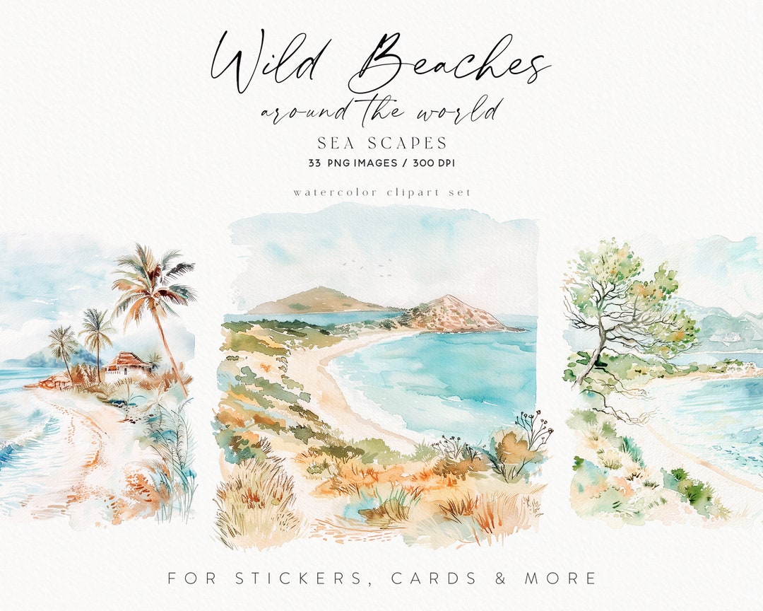 Watercolor Beach Clipart, Wild Sea Scapes, Coastal PNG Images (digital ...