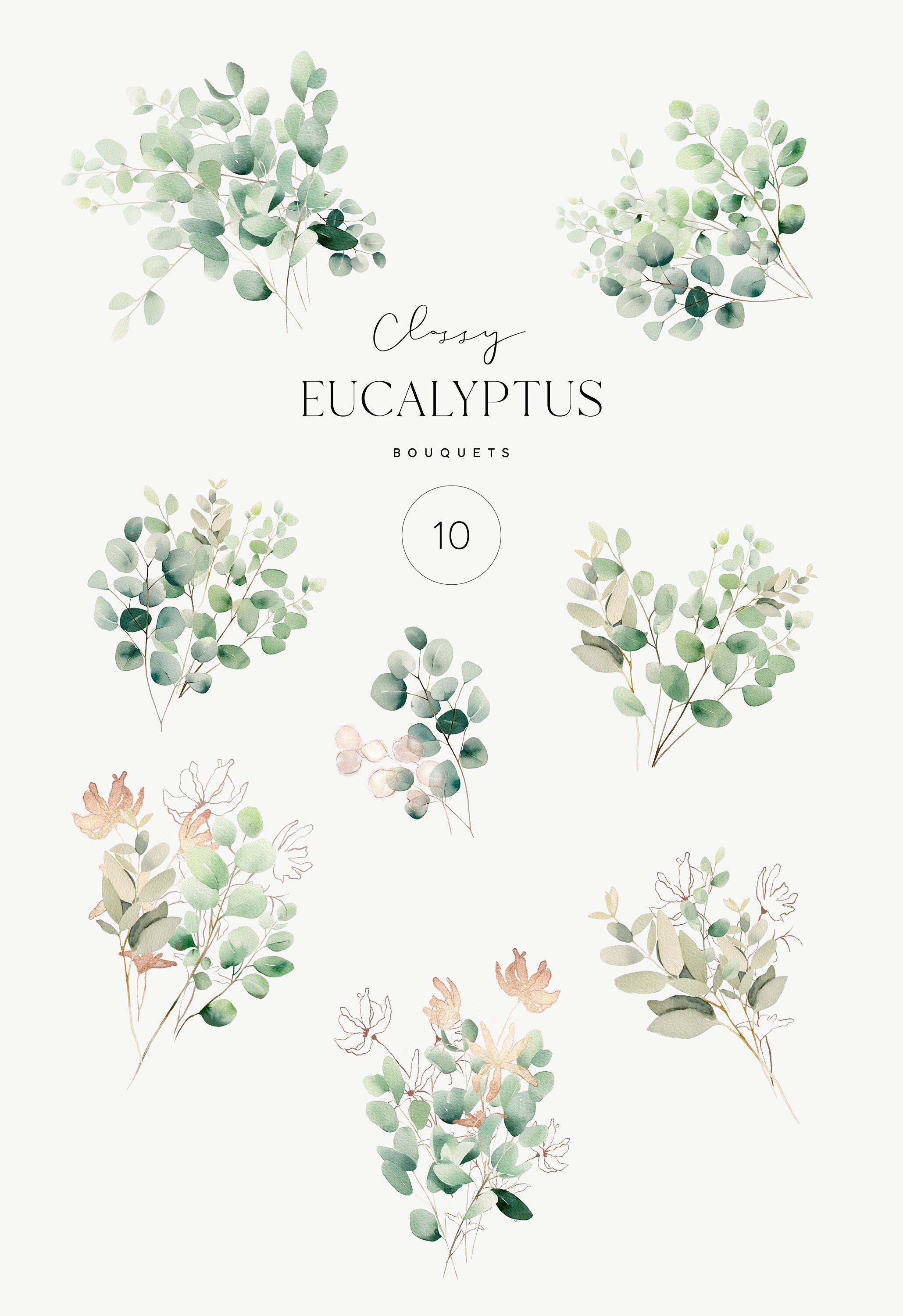 Watercolor Eucalyptus Bouquets Clipart, Greenery With Gold Foil (PNG ...