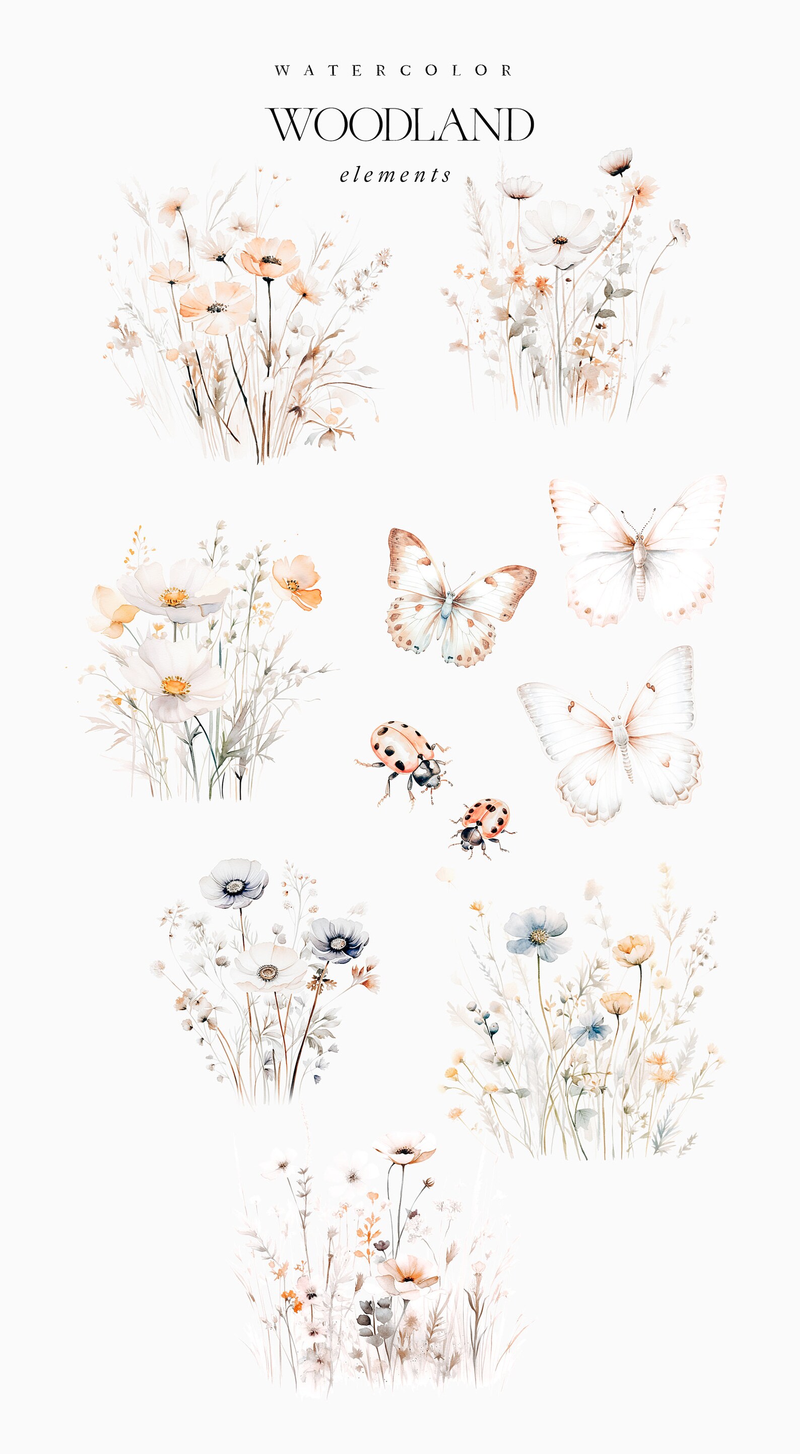 Watercolor Woodland Clipart, Forest Animals, Flowers, Landscape (PNG ...