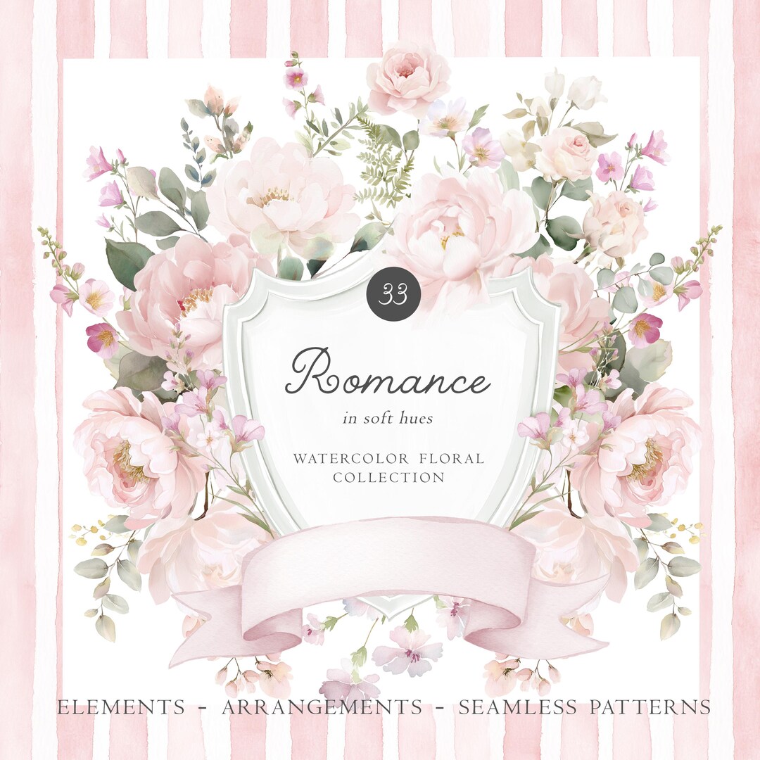 Watercolor Roses and Peonies Vintage Clipart: Blush Pink and ...