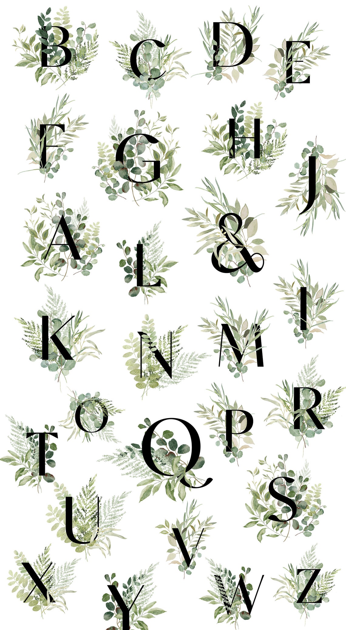Watercolor Greenery Alphabet and Ampersand Foliage - Etsy