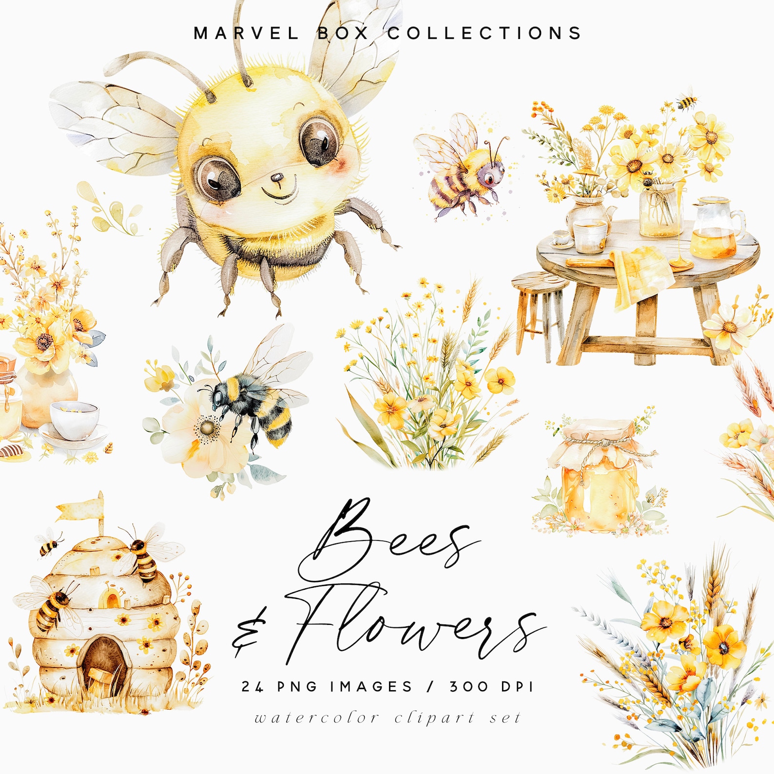 Watercolor Honey Bee Clipart, Floral Clipart (digital Download) - Etsy