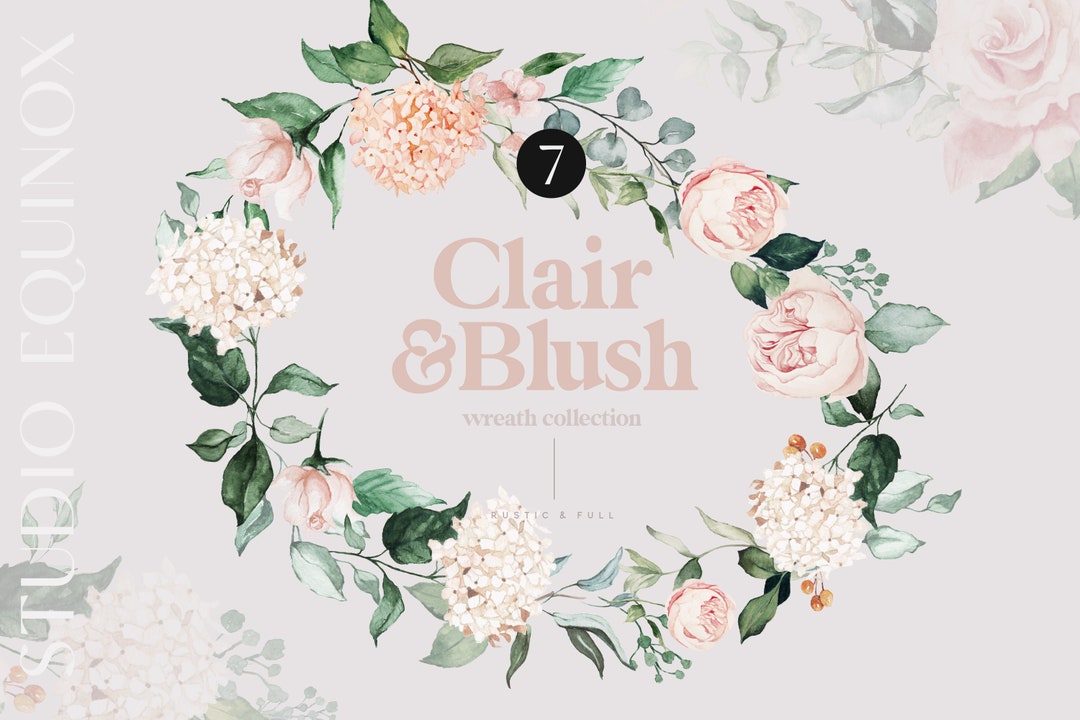 Clair and Blush Watercolor Rustic Floral Wreath, Blush Rose, Blush ...