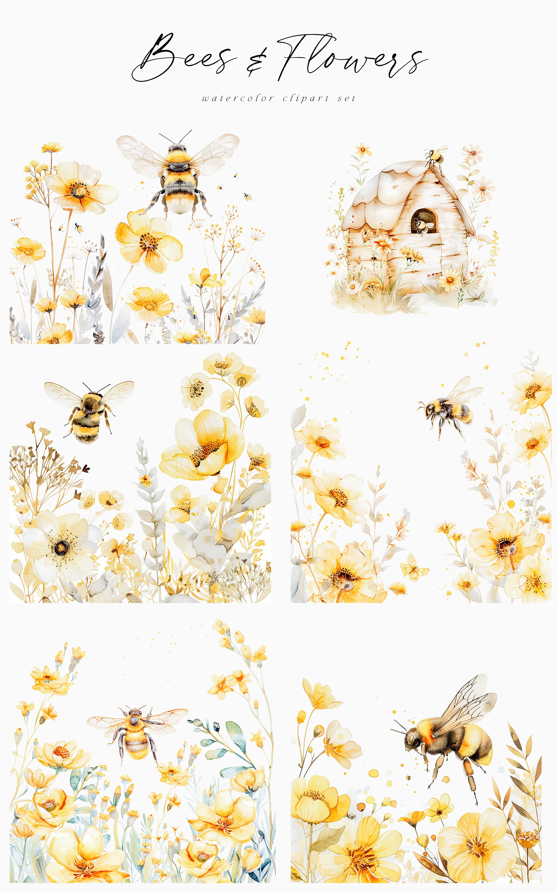 Watercolor Honey Bee Clipart, Floral Clipart (digital Download) - Etsy