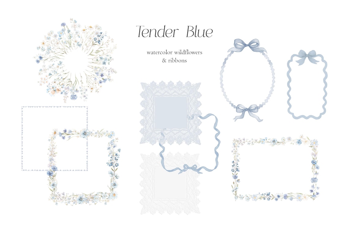 Watercolor Vintage Clipart Set: Blue Wildflowers Arrangements, Seamless ...