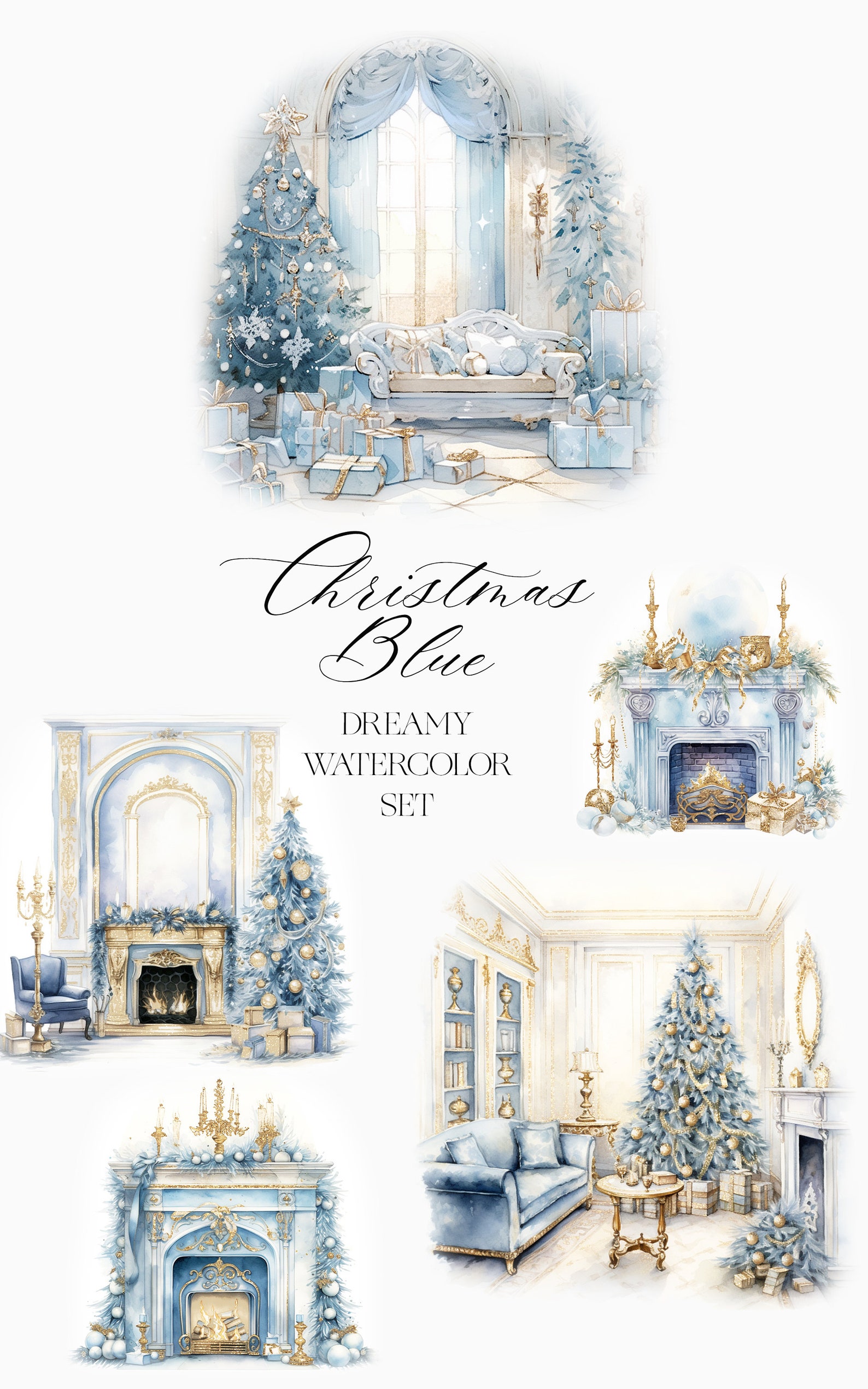 Blue Christmas Watercolor Clipart Set, Winter Holiday Scenes (PNG) - Etsy