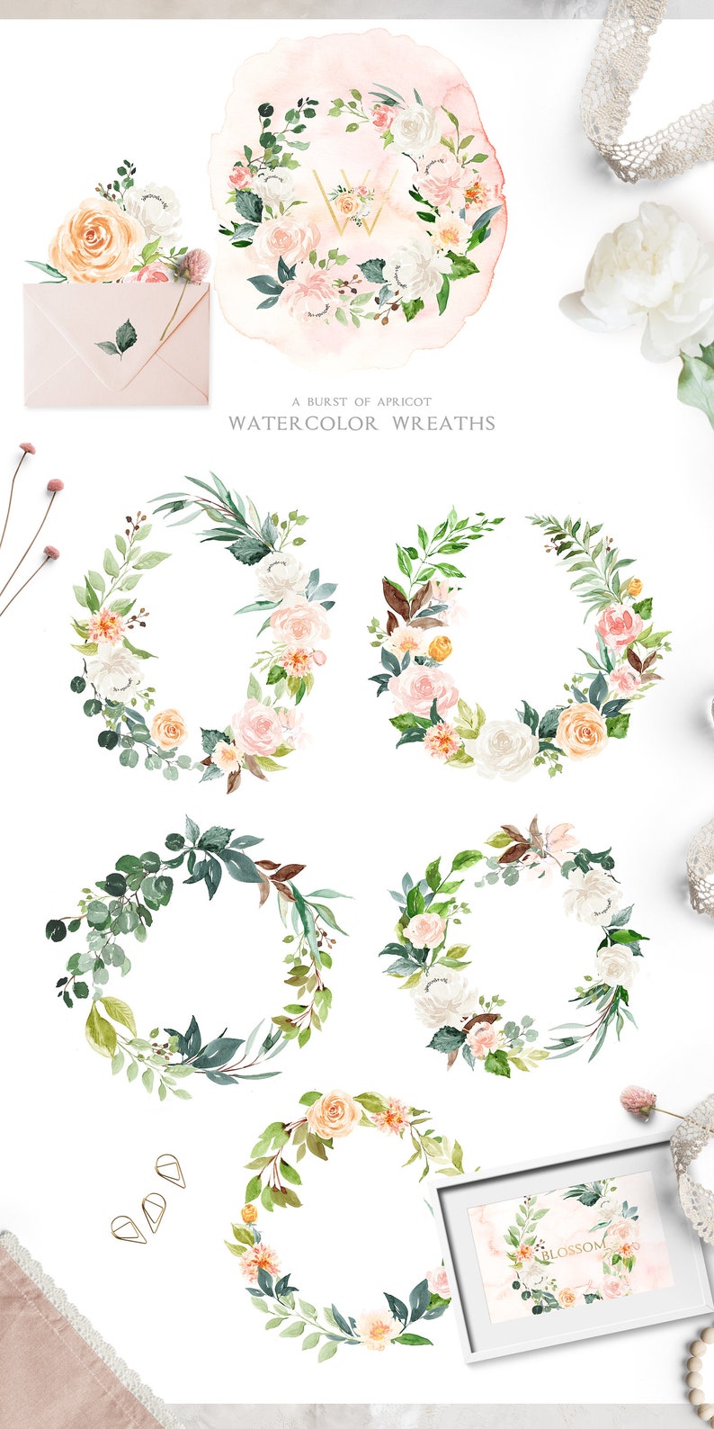 Blush Watercolor Floral Clipart, Peach Rose, Rustic Flowers (PNG) - Etsy