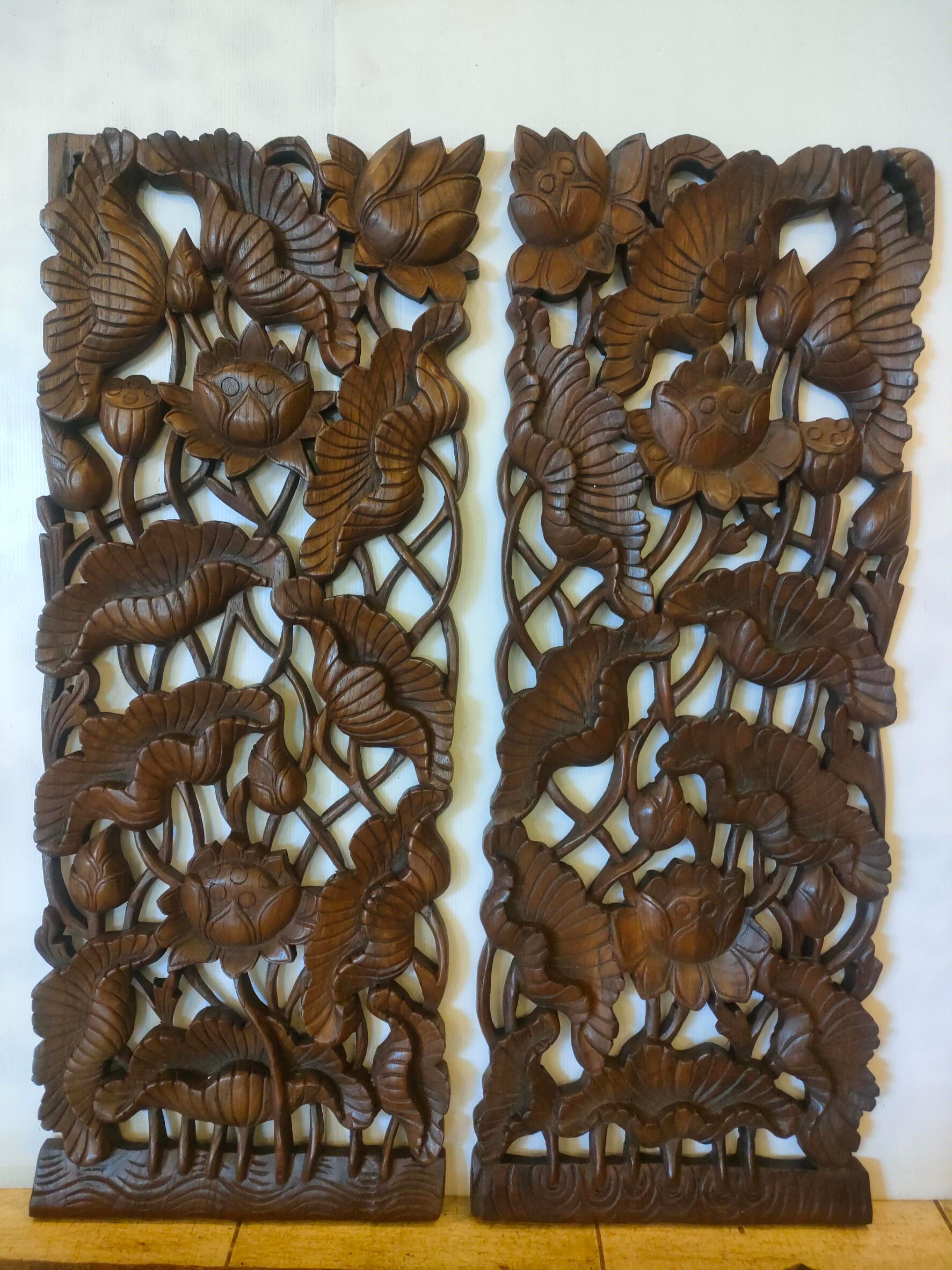 Wood Carving Genuine Teak Lotus Pattern for Wall - Etsy