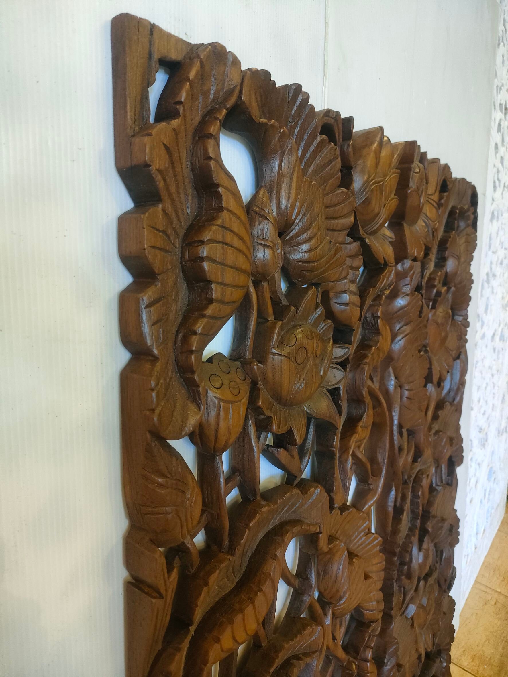 Wood Carving Genuine Teak Lotus Pattern for Wall - Etsy