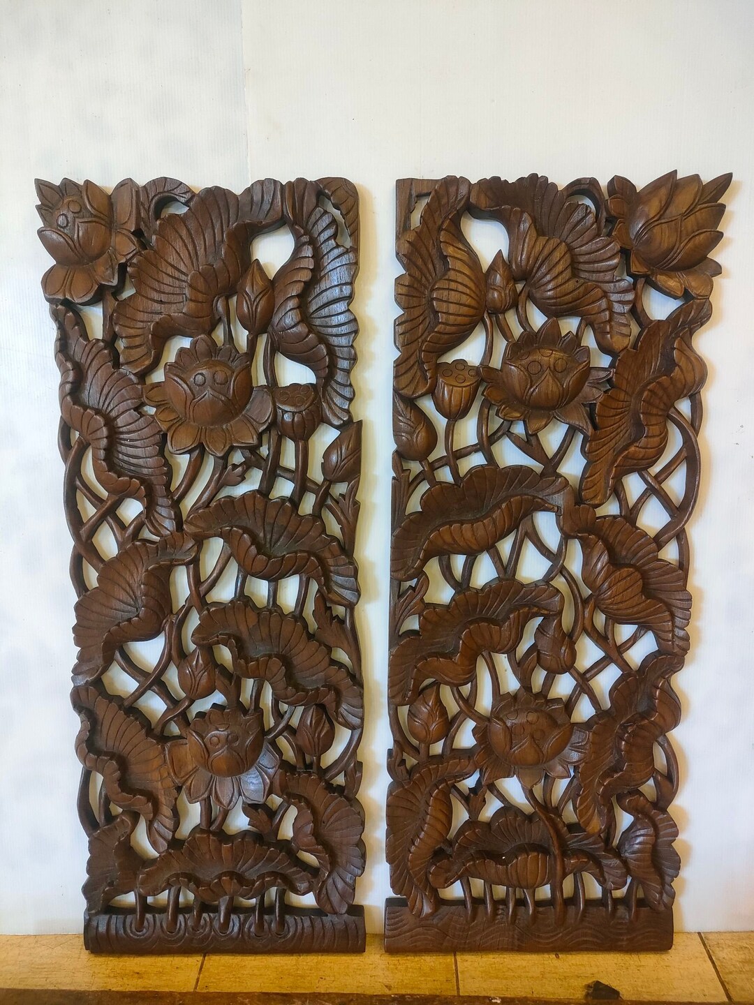Wood Carving, Genuine Teak, Lotus Pattern, for Wall Decoration, Home ...