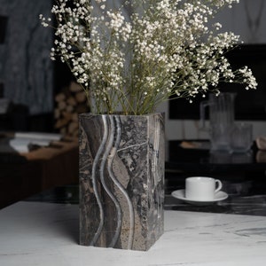 Tall Square Bud Vase, Handmade Matte Black Marble Vase, Modern Dried ...